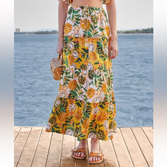 FARM Rio | Skirts | Farm Rio Biriba Yellow Tropical Fruit Tiered Maxi ...